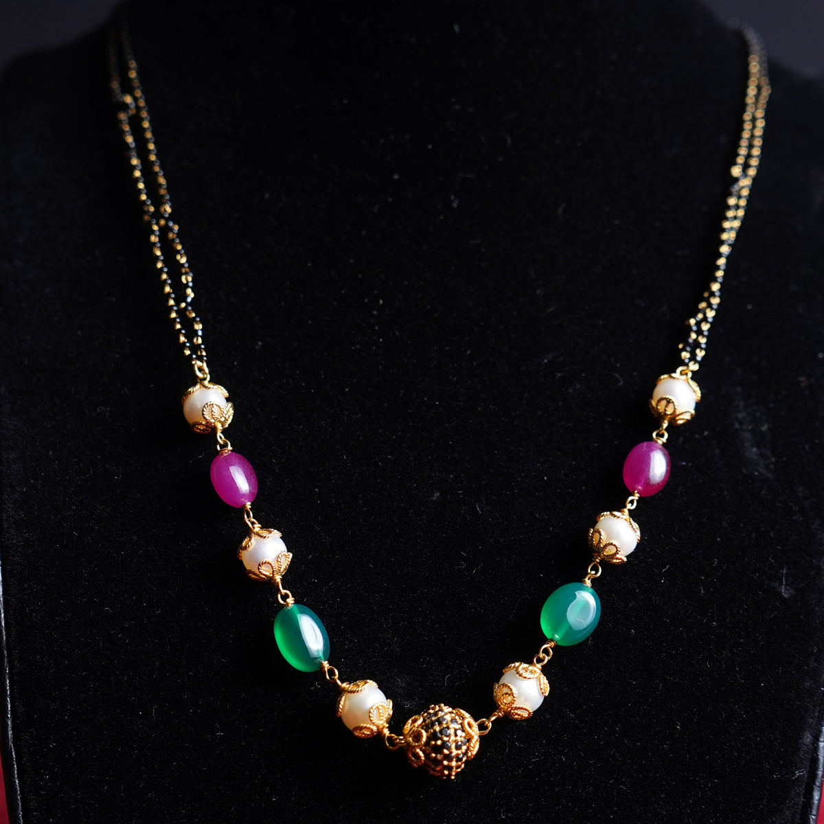 22 Carat Gold Double Line Black Beads With GreenPink And White Stone ...