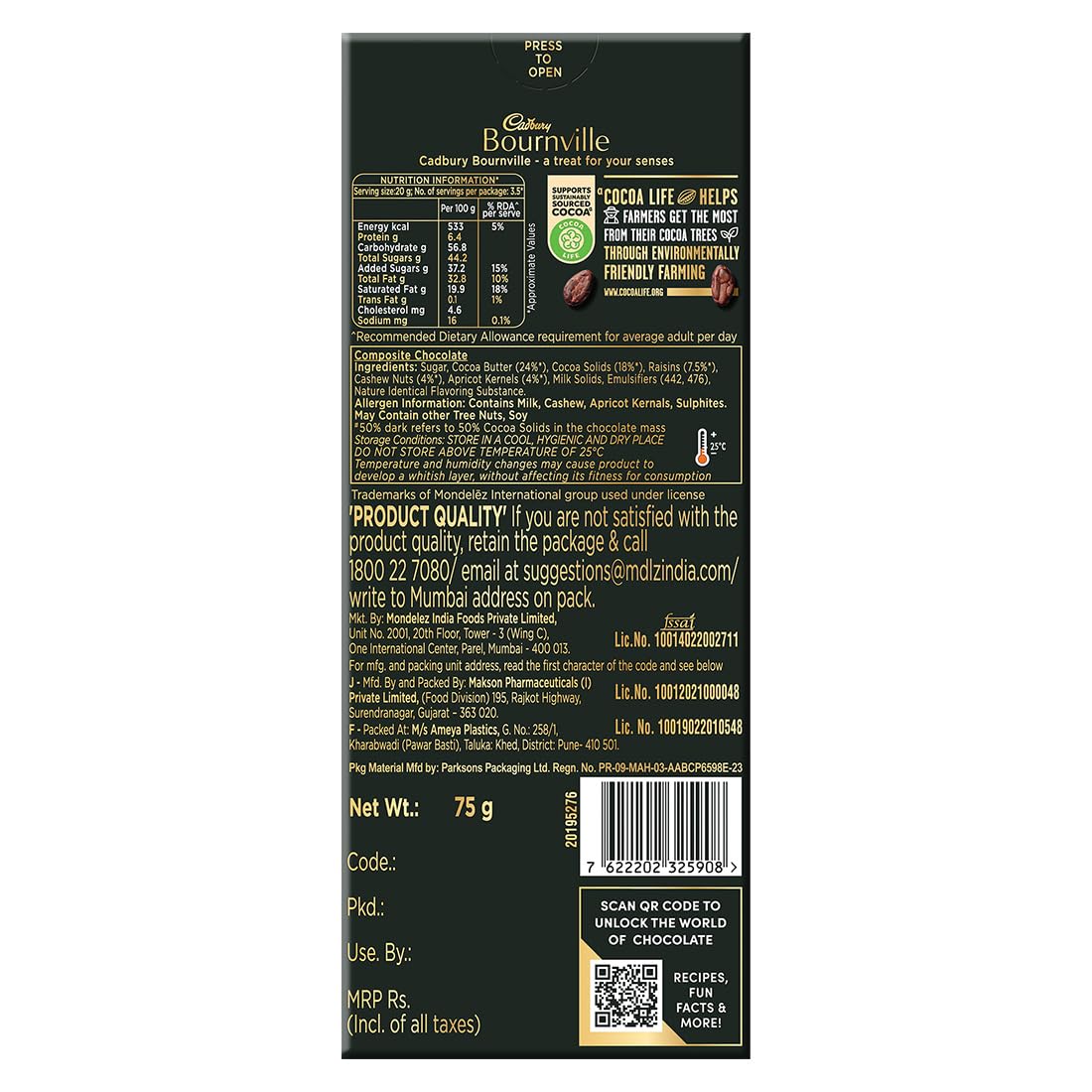 Cadbury Bournville Fruit & Nut 50% Dark Chocolate Bar – PUSHMYCART