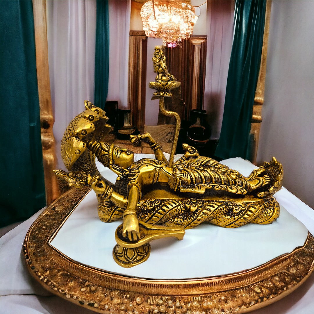 Brass Lord Vishnu Bhagwan Resting on Sheshnag Touching Shiva Lingam ...