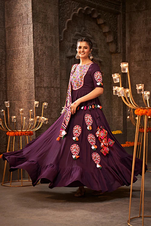 Shubhkala Purple Thread Embroidered Designer Traditonal Navratri Colle ...