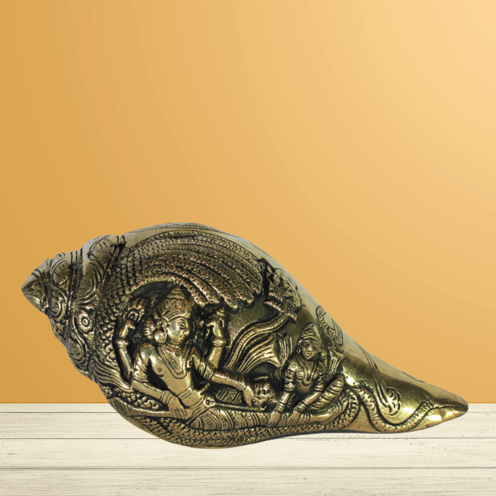 Brass Conch Shell | Pooja Shankh With Lord Vishnu 1634g – PUSHMYCART