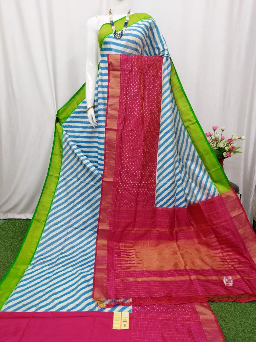 Ikkat Silk Ananda Blue With Red And Green – PUSHMYCART
