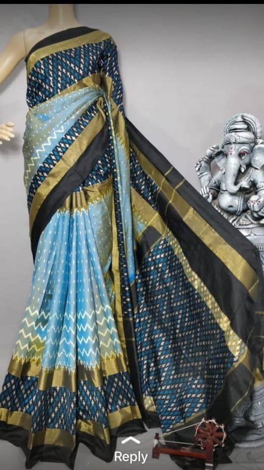 Pochampally Ikkat Silk Ananda Blue With Black Color Saree – PUSHMYCART